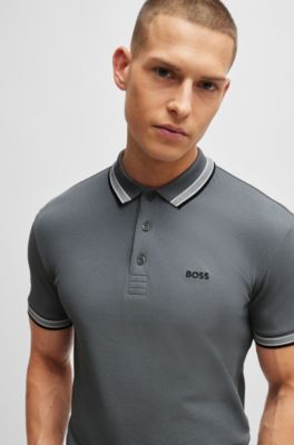 BOSS - Cotton-piqué Paddy polo shirt with contrast logo - Grey