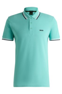 BOSS - Cotton-piqué Paddy polo shirt with contrast logo - Turquoise