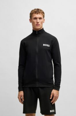 BOSS - Cotton-terry zip-up jacket with contrast logo - Black