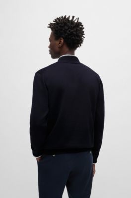 BOSS - Virgin-wool regular-fit cardigan with embroidered logo - Dark Blue