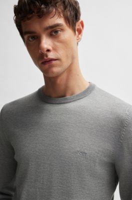BOSS - Crew-neck sweater in virgin wool with embroidered logo - Grey