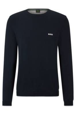 Hugo Boss Organic-cotton Regular-fit Sweater With Curved Logo In Blue ...