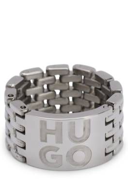 Hugo Boss Stainless-steel Link Ring With Stacked-logo Engraving In ...