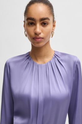 BOSS - Ruched-neck blouse in stretch-silk crepe de Chine - Purple