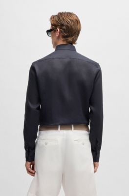 BOSS - Camisa de ajuste slim em linho de fabrico italiano - Dark Blue