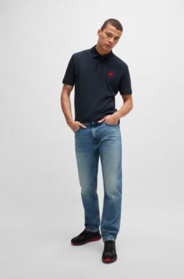HUGO - Cotton-piqué slim-fit polo shirt with logo label - Dark Blue