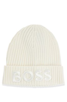 BOSS - Virgin-wool beanie hat with embroidered logo - White