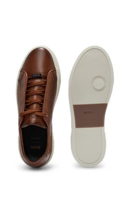 BOSS - Gary leather low-top trainers with branded lace loop - Dark Brown