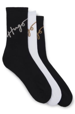 Hugo Three Pack Of Quarter Length Socks With Handwritten Logos White Black 