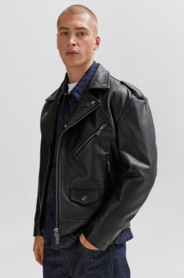 BOSS - Regular-fit jacket in buffalo leather with branded snaps - Black