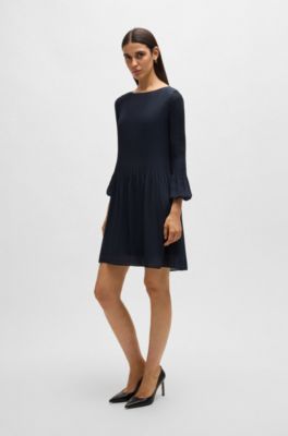 BOSS - Regular-fit dress with plissé pleats and crew neckline - Dark Blue