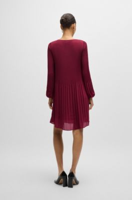 BOSS - Regular-fit dress with plissé pleats and crew neckline - Dark Red