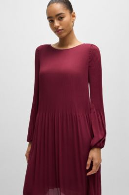 BOSS - Regular-fit dress with plissé pleats and crew neckline - Dark Red