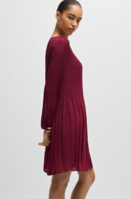 BOSS - Regular-fit dress with plissé pleats and crew neckline - Dark Red