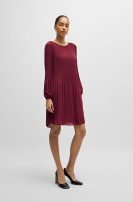 BOSS - Regular-fit dress with plissé pleats and crew neckline - Dark Red