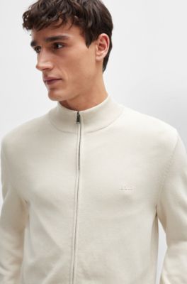 BOSS - Knitted zip-up cardigan in cotton with embroidered logo - Natural