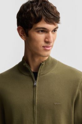 BOSS - 로고 자수 코튼 니트 집업 카디건 - 카키