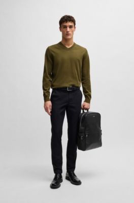 BOSS - V-neck sweater in pure cotton with embroidered logo - Dark Green