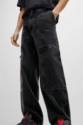 HUGO - Loose-fit jeans in black denim with adjustable hems - Dark Grey