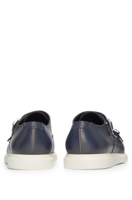 BOSS - Leather monk shoes with contrast outsole and double strap - Dark ...