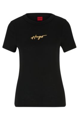 HUGO - Cotton-jersey T-shirt with metallic-effect handwritten logo