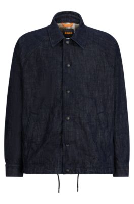 BOSS - Checked-lining jacket in wrinkle-effect rigid blue denim - Dark Blue