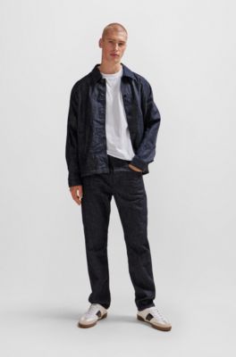 BOSS - Checked-lining jacket in wrinkle-effect rigid blue denim - Dark Blue