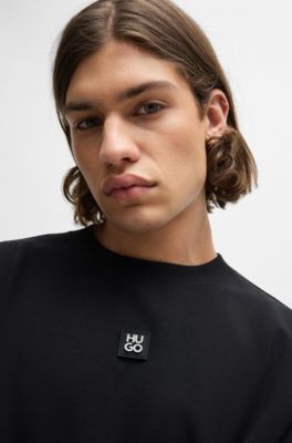 HUGO - Stretch-cotton regular-fit sweatshirt with stacked logo - Black