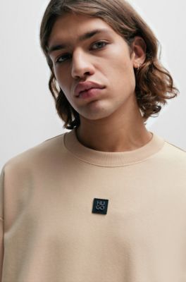HUGO - Stretch-cotton regular-fit sweatshirt with stacked logo - Beige
