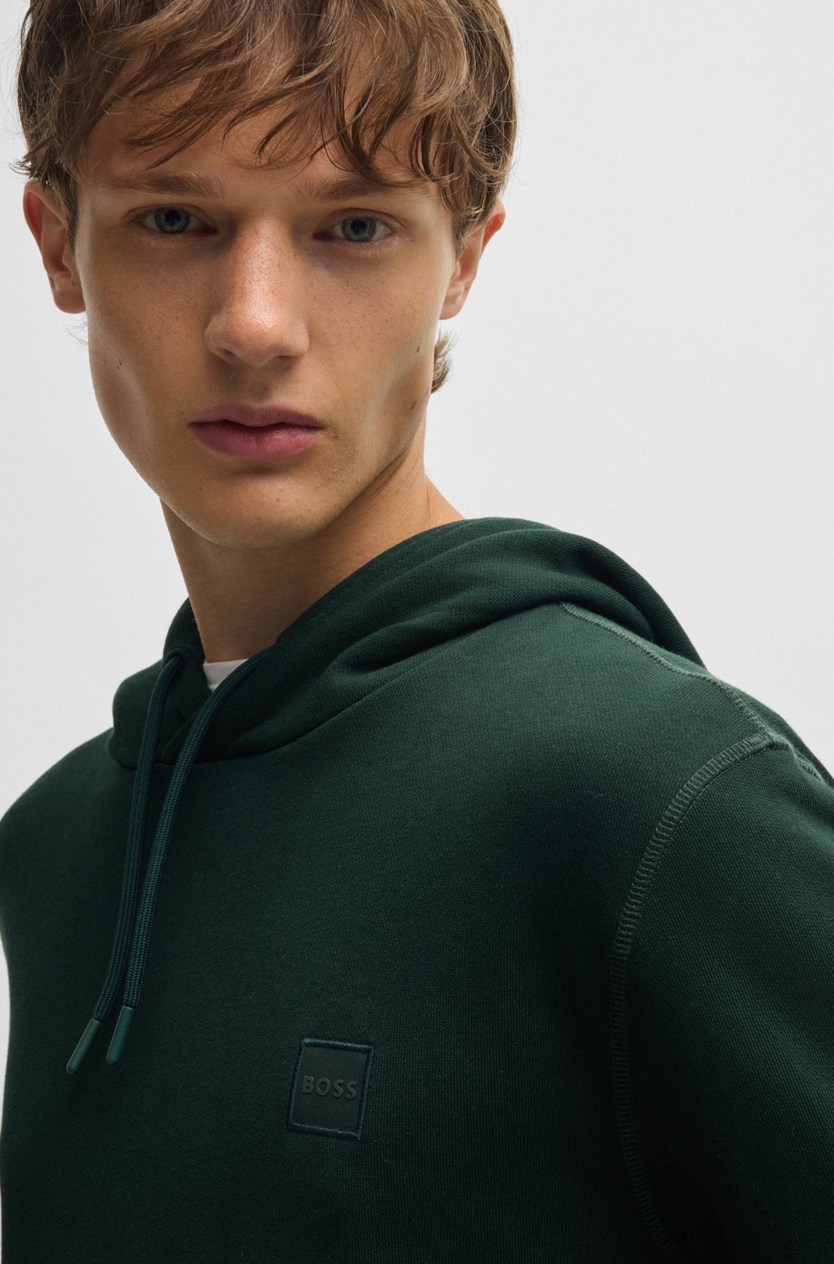 BOSS - Regular-fit hoodie in cotton terry with logo patch - Dark Green BOSS - Regular-fit hoodie in cotton terry with logo patch - Dark Green