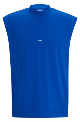 HUGO - Sleeveless cotton-jersey T-shirt with blue logo label - Blue