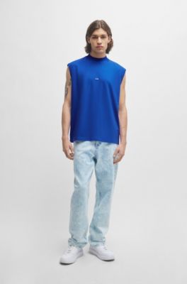 HUGO - Sleeveless cotton-jersey T-shirt with blue logo label - Blue