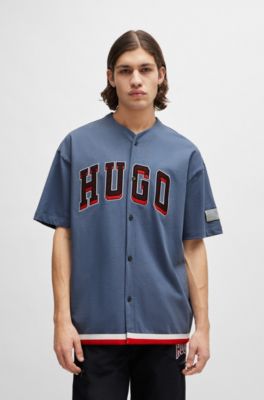 HUGO - Oversized-fit basketball T-shirt with varsity-style branding - Blue