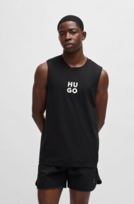 HUGO - Cotton-jersey tank top with stacked logo embroidery - Black