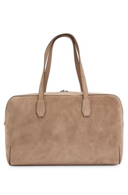 Hugo Boss Leather Holdall With Two-way Zip In Light Beige | ModeSens