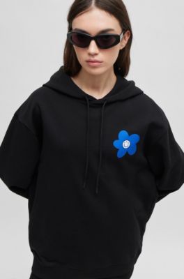 HUGO - Cotton-terry all-gender hoodie with flower-print logos - Black