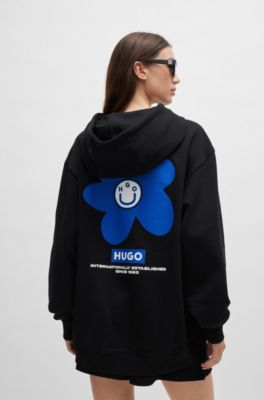 HUGO - Cotton-terry all-gender hoodie with flower-print logos - Black