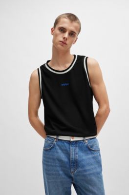 HUGO - Mesh tank top with contrast logo and stripes - Black