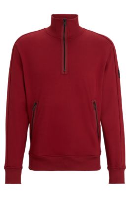BOSS - Cotton-terry zip-neck sweatshirt with logo patch - Red