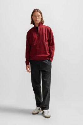BOSS - Cotton-terry zip-neck sweatshirt with logo patch - Red