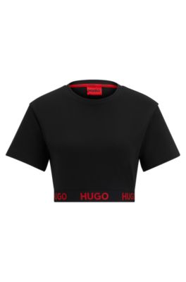 HUGO - Cropped T-shirt in stretch fabric with logo waistband - Black