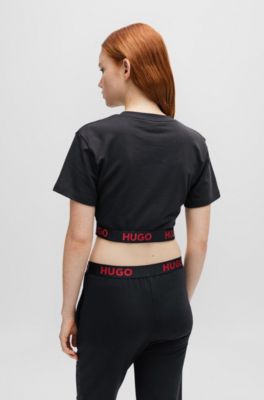 HUGO - Cropped T-shirt in stretch fabric with logo waistband - Black