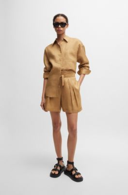 BOSS - Regular-fit paperbag-shorts van ramee canvas - Lichtbruin