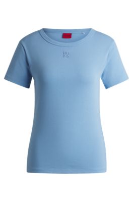 HUGO - Cotton-blend T-shirt with stacked-logo embroidery - Light Blue