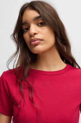 HUGO - Cotton-blend T-shirt with stacked-logo embroidery - Red