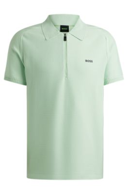BOSS - Short-sleeved zip-neck knit polo with logo detail - Light Green