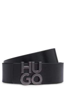 HUGO - Italian-leather belt with stacked-logo buckle - Black