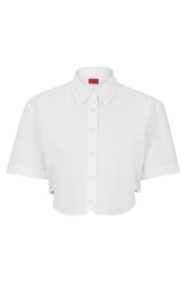 HUGO - Cropped regular-fit blouse with rear logo elastic - White