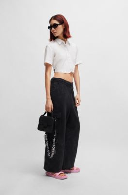 HUGO - Cropped regular-fit blouse with rear logo elastic - White