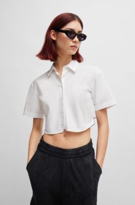 HUGO - Cropped regular-fit blouse with rear logo elastic